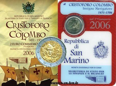 Briefmarken & Münzen am Dom: 2 Euro San Marino 2006 - Christopher...
